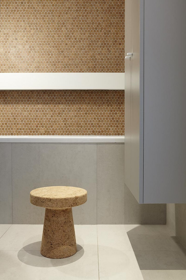 Modern interiors with cork everywhere - even the bathroom tiles!